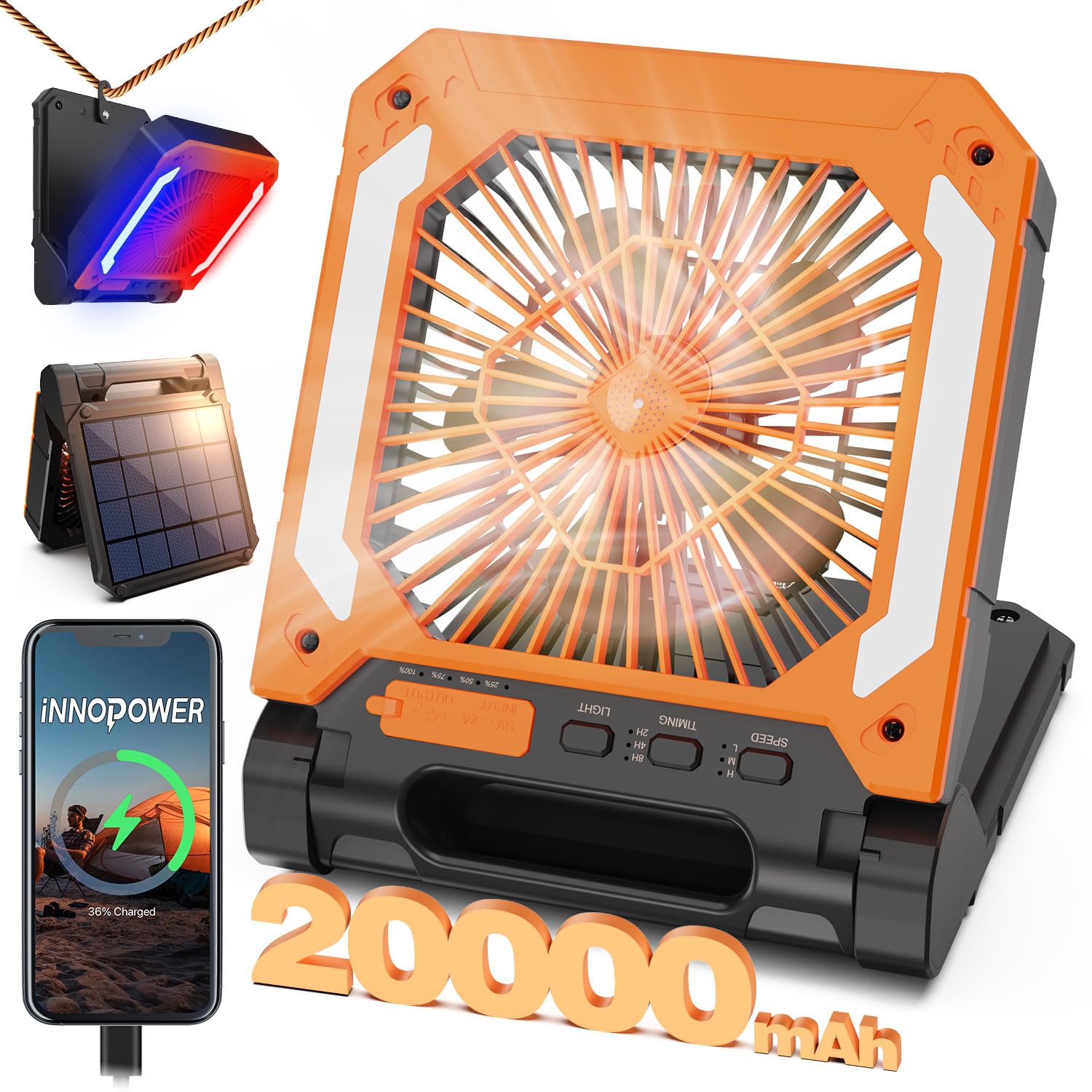 20000mAh Rechargeable Solar Powered Portable Fan with Led Lantern, 3 Speeds Cordless Battery Operated Camping Fan with PowerBank,Timer, Hangble & Quiet Desk Fan for Tent Hurricane Worksite (Orange)