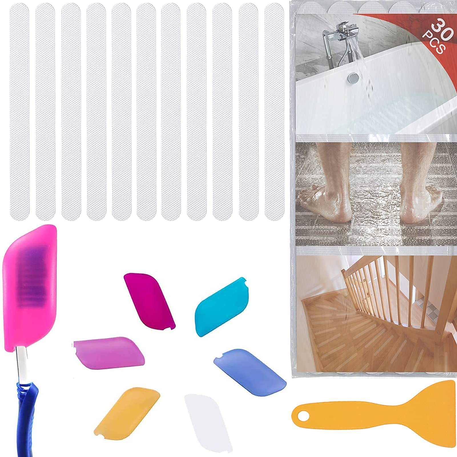 V-TOP 6 Pack Toothbrush Covers + 30 PCS Non Slip Bathtub Stickers
