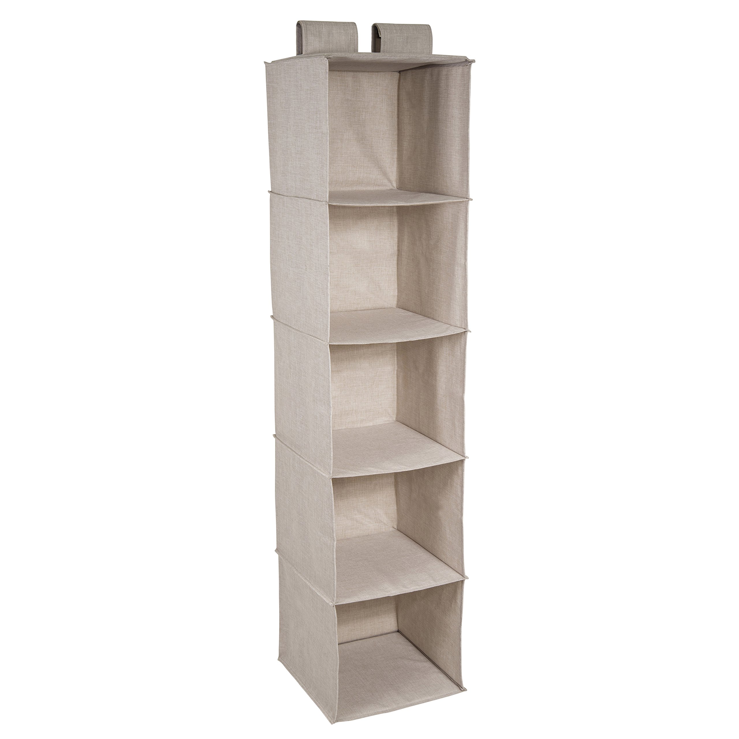 Bigso Soft Storage Hanging Closet Organizer | Polyester Hanging Closet Organizers and Storage with 5 Compartments | Clothes Organizer That Hangs on Closet Rods | 11.8” x 11.8” x 52.6” | Beige