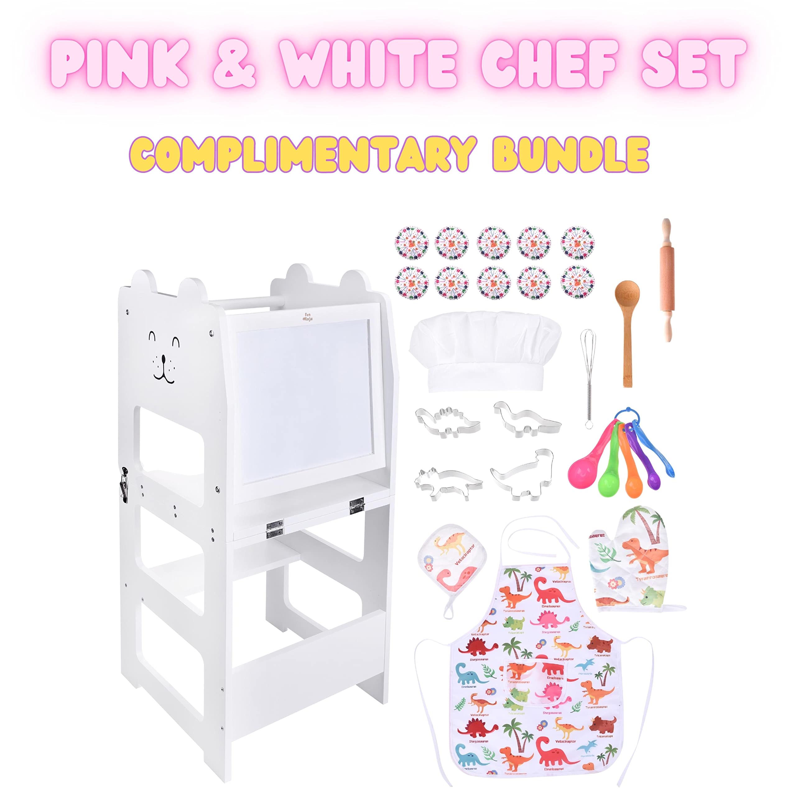 4-in-1 [Fun Ninja] Toddler Kitchen Step Stool for Children and Toddlers, Whiteboard & Art Desk, Safety Rail Tower for Kids, Parent Assistant Stepping Stool (White, Bundle)