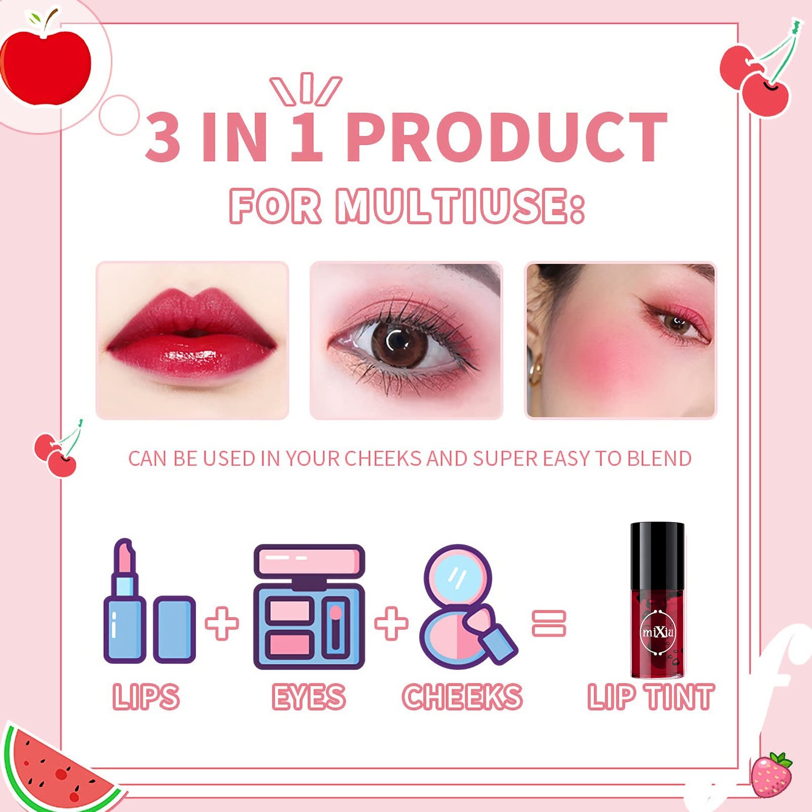 3 Pack Lip Tint Stain Set, Multi-use Lip and Cheek Tint, Liquid Blush and Lip Paint, Lipstick Lip Tint Lacquer Makeup, Long Lasting, High Pigment, Vivid Color (#01#02#03)