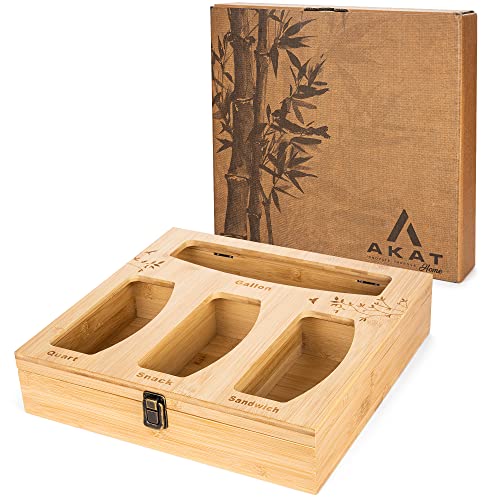 AKAT HOME Bamboo Ziplock Bag Storage Organizer & Baggie Dispenser for Kitchen Drawer β Wooden Zip Lock Container Holder Wall Gallon,Sandwich,Snack,Quart (Flip, Engraved, - M1)