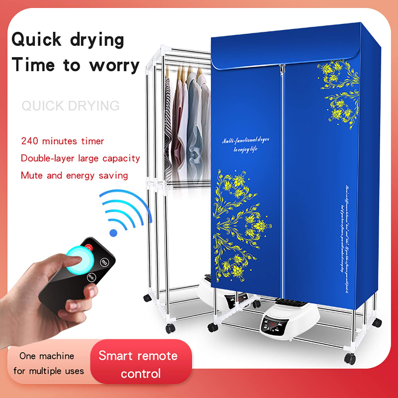 1800W Mini Electric Laundry Dryer, Portable Super Quiet Warmer for Clothes Shoes, Electric Clothes Dryer with Timing & Touch Control Electric Warm Air Dryer for Home Clothes Drying
