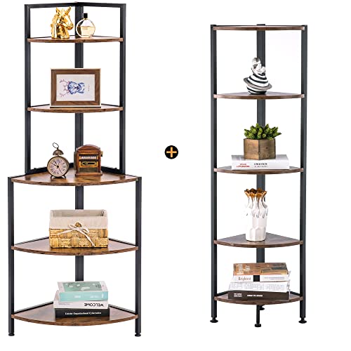 Apicizon 5 Tier Corner Shelf Set of 2, Industrial Corner Bookshelf with Metal Frame, Rustic Corner Storage Rack Shelves Display Plant Flower, Stand Bookcase for Home Office, Small Place, Kitchen