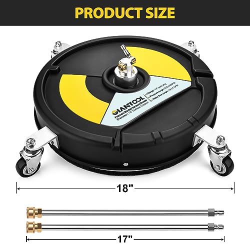 18" Pressure Washer Surface Cleaner, Power Washer Surface Cleaners with 4 Wheels, Max 4000PSI Surface Cleaner for Pressure Washer, 1/4” Quick Plug, 2 Extension Wands for Cleaning Sidewalk, Decks