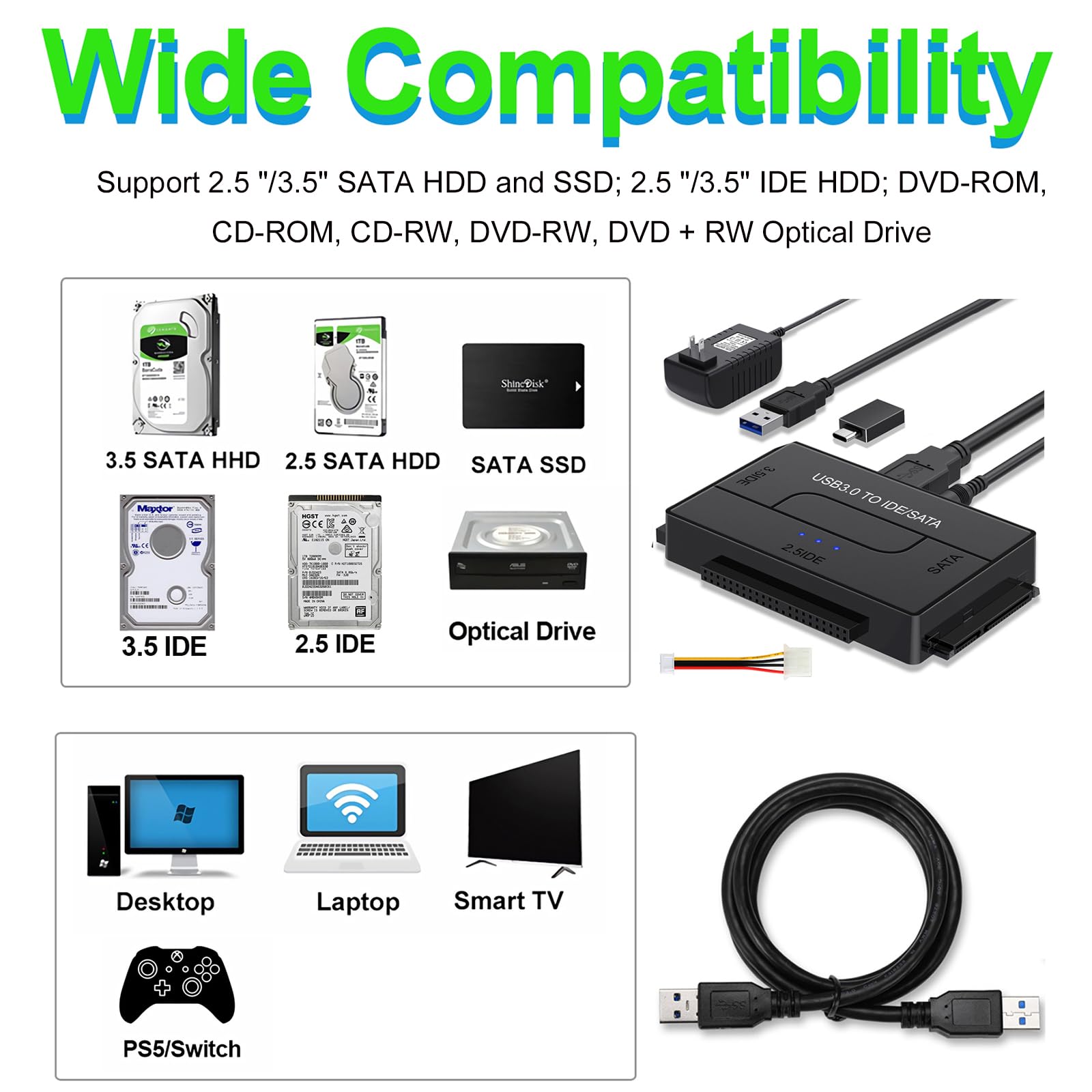 EYOOLD SATA IDE to USB 3.0 Adapter, External Hard Drive Reader Ultra Recovery Converter for Universal 2.5 3.5 IDE and SATA HDD SSD, 5.25-inch DVD/CD-ROM Optical Drive, Easy to Use