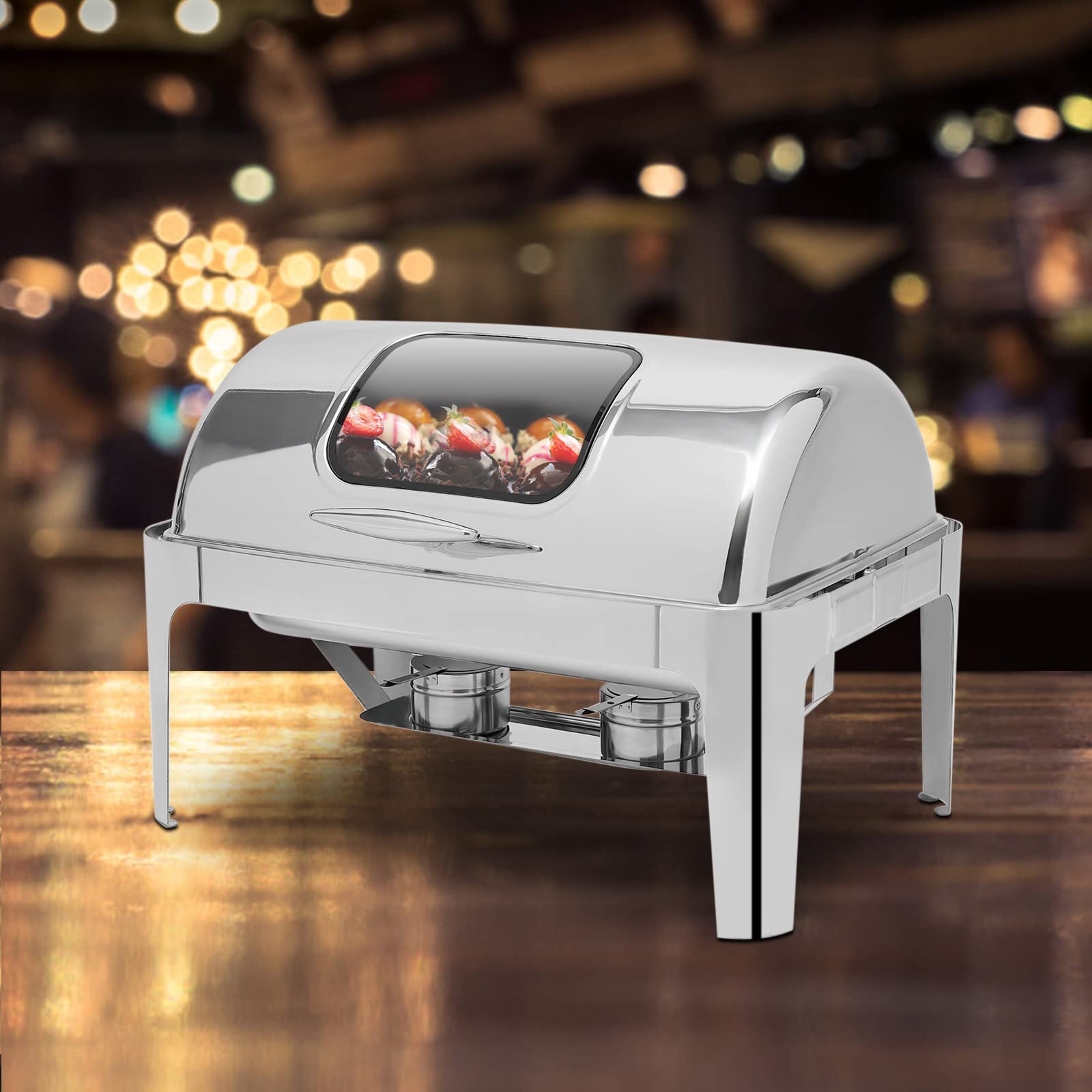 14.26Qt Stainless Steel Chafing Dish Buffet Set with Visible Roll Top Chafing Dishes Buffet Set Retangle with Rolling Top 2 Detachable Food Pans Catering Food Warmer for Hotels Party Wedding