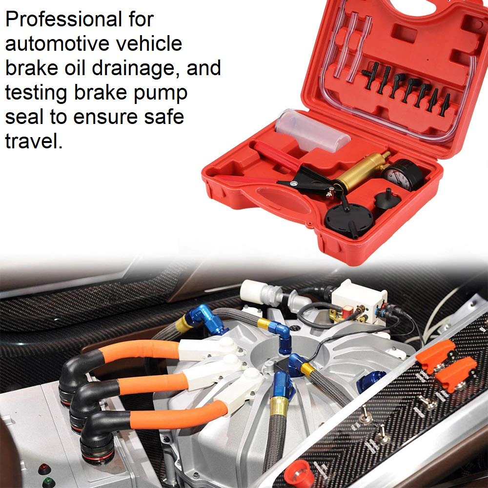 2 in 1 Brake Bleeder Kit Hand held Vacuum Pump Test Set,for Automotive with Sponge Protected Case,Adapters,One-Man Brake and Clutch Bleeding System,Vacuum Gauge and Brake Bleeder Kit (Red Case)
