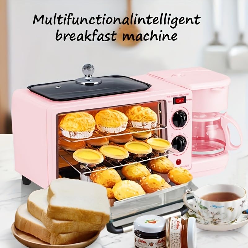 3 In 1 Breakfast Station With Coffee Maker,9L Multifunctional Toaster Oven Combo, Includes Coffee Maker, Non-Stick Griddle, and 4-Slice Toaster Oven - Versatile Breakfast Maker With Timer (pink)