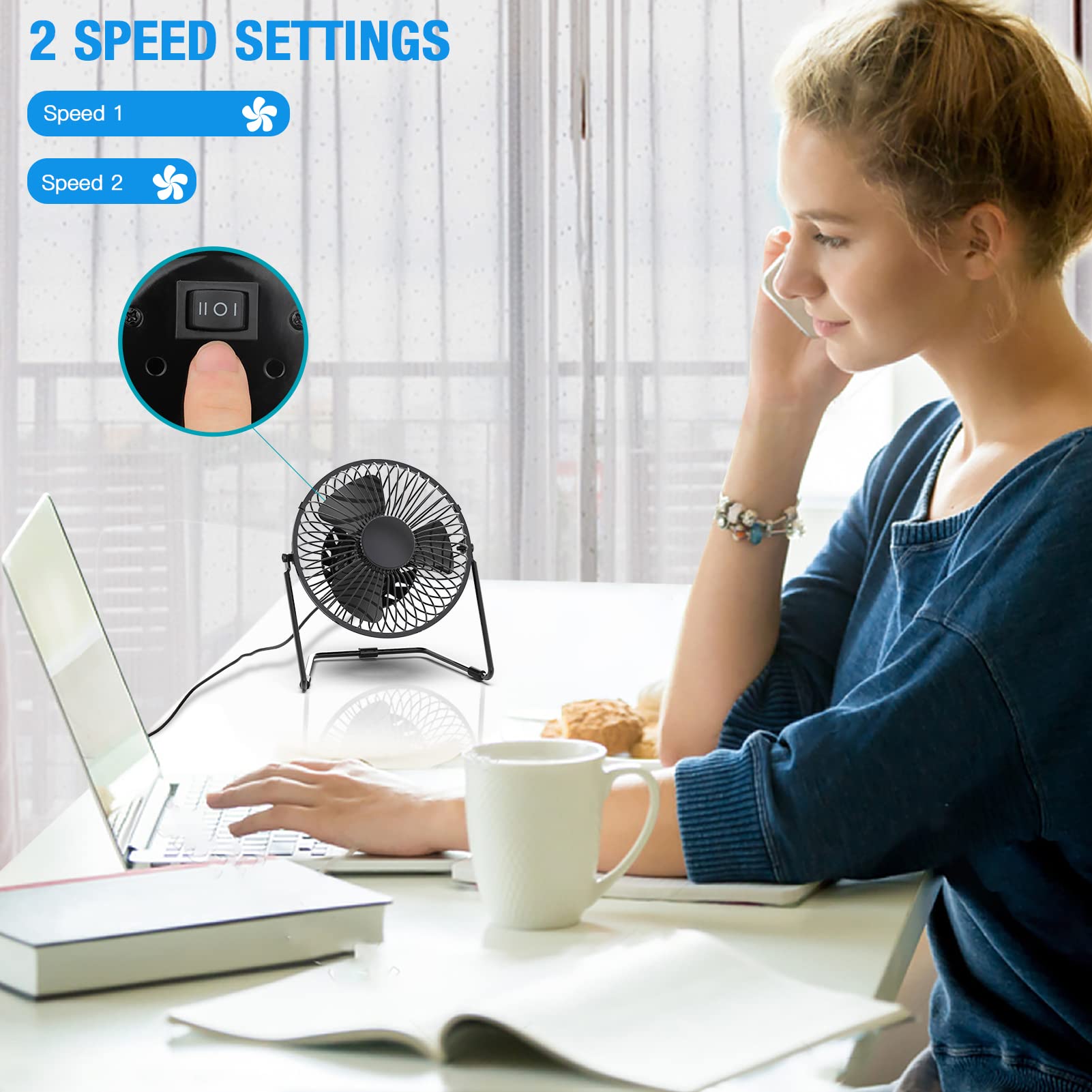 ALPIAZ 5 inch USB Fan, Portable Small Desk Fan, Mini Personal Fan with Two Speed Settings, Super Quiet Table Fan, Metal Design, 360° Up and Down, Perfect for Home Office
