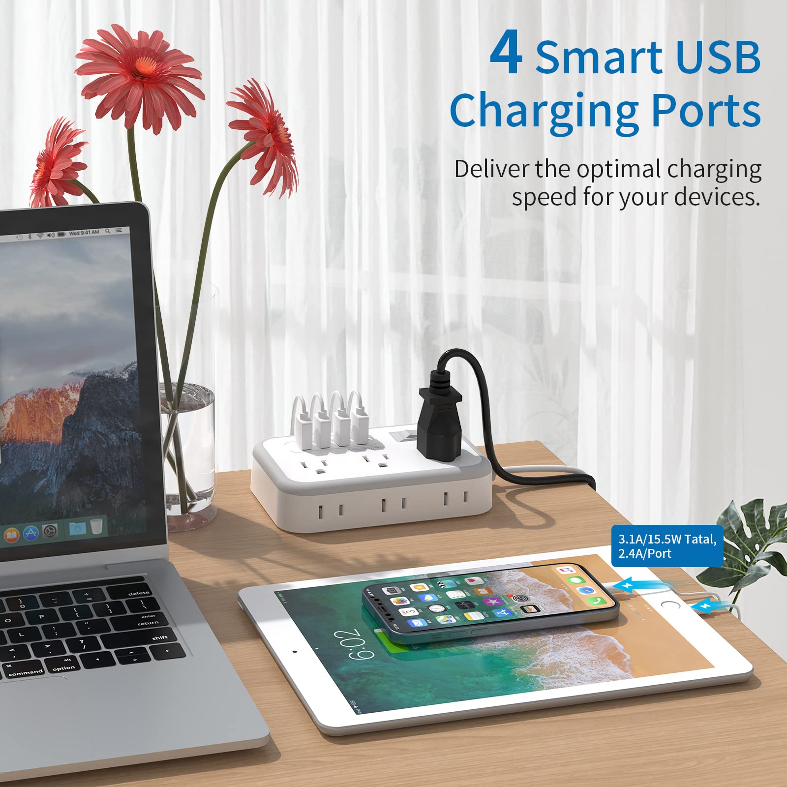 2 Pack Power Strips, NTONPOWER Flat Plug Power Strip with USB, 6 Outlets 4 USB Desktop Charging Station with 5 ft Extension Cord Wall Mount for Cruise, Travel, Hotel, Indoor, Nightstand, Office, White