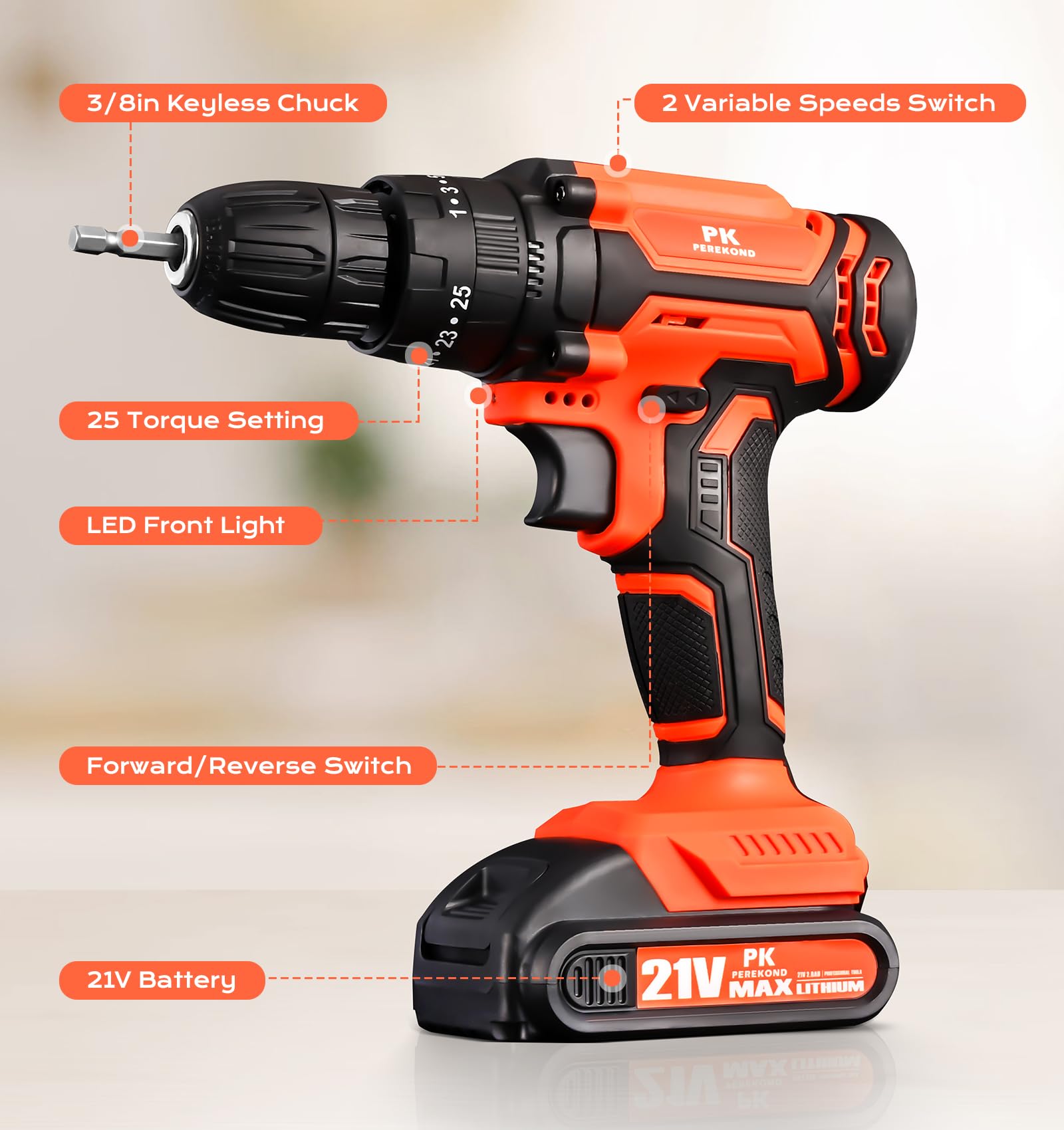 108 Pcs Cordless Drill Set, 531in-lbs MAX 21V Electric Power Drill Driver Kits, 3/8''Keyless Chuck 2 Variable Speed Drill with Faster Charger Hammer LED Light Tool Box Set for Home Repair Tool Kit