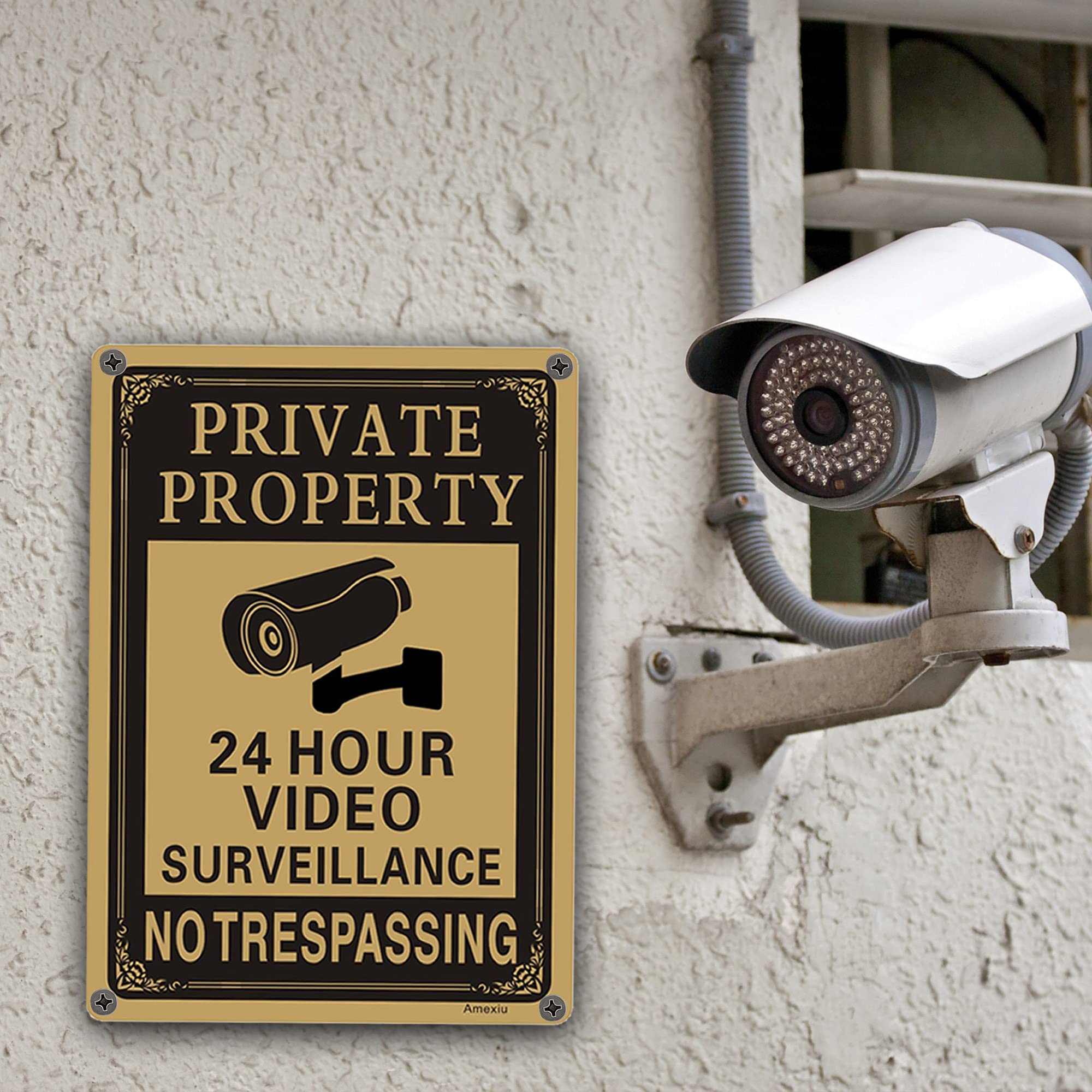 3 Pack Private Property No Trespassing Sign, 24 Hours Video Surveillance Warning Sign | 10" x 7" Rust Free Aluminum Easy Mounting Fade Resistance.