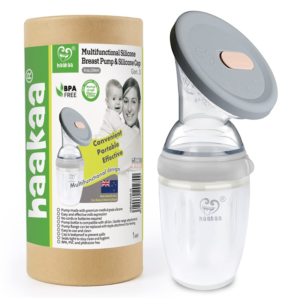 haakaa Gen.3 Manual Breast Pump 8oz/250ml (Grey) with Lid - Silicone Breast Pump for Breastfeeding Mom Collector Liquid Gold, 3rd Generation haakaa Pump with Large Capacity & Strong Suction