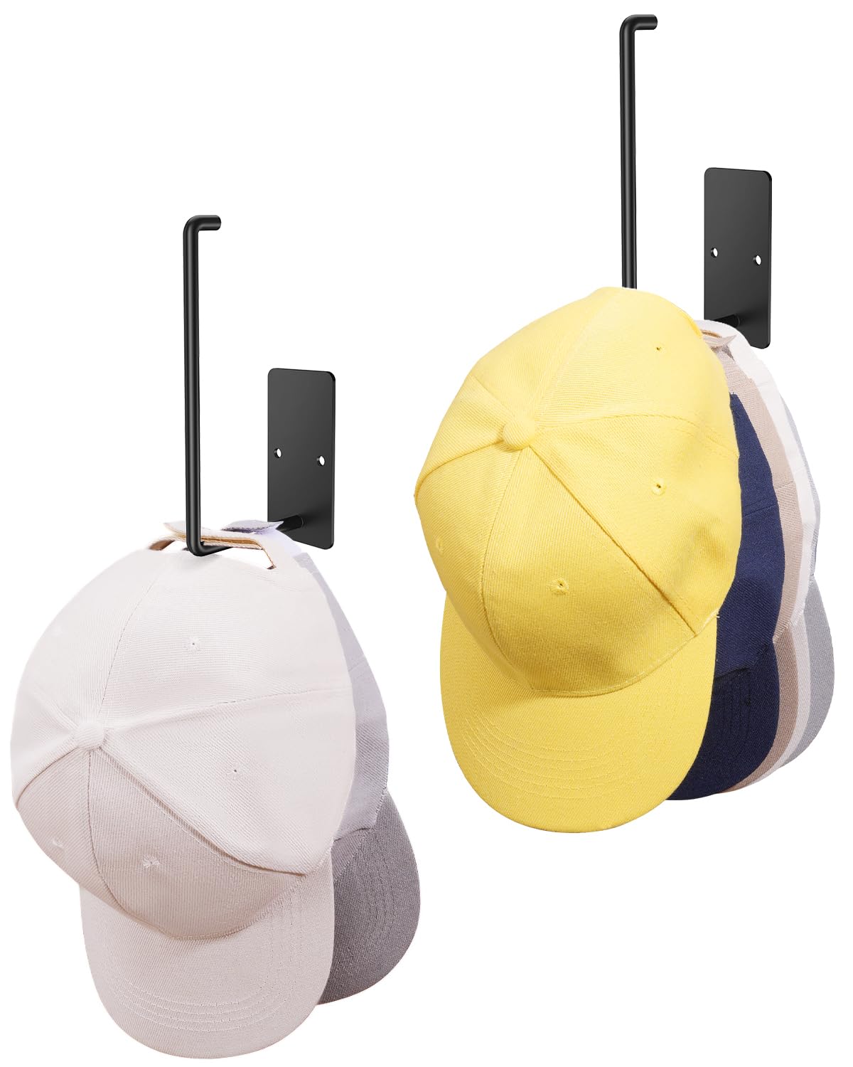 2 Pack Hat Rack for Wall, Hat Organizer for Baseball Caps, Stainless Steel Hat Holder, Strong Sticky Hat Hanger, Drilled Installation, Cap Holder Storage Organizer, for Door Closet Bedroom(Black)