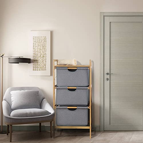 3-Tier Organizer Storage Shelf with Bamboo Frame and Pull Out Fabric Baskets Storage Drawers Unit,Laundry Towel Hamper Cabinet Tower Three Part Compartment Sorter Basket (3-Tier,Style 1)