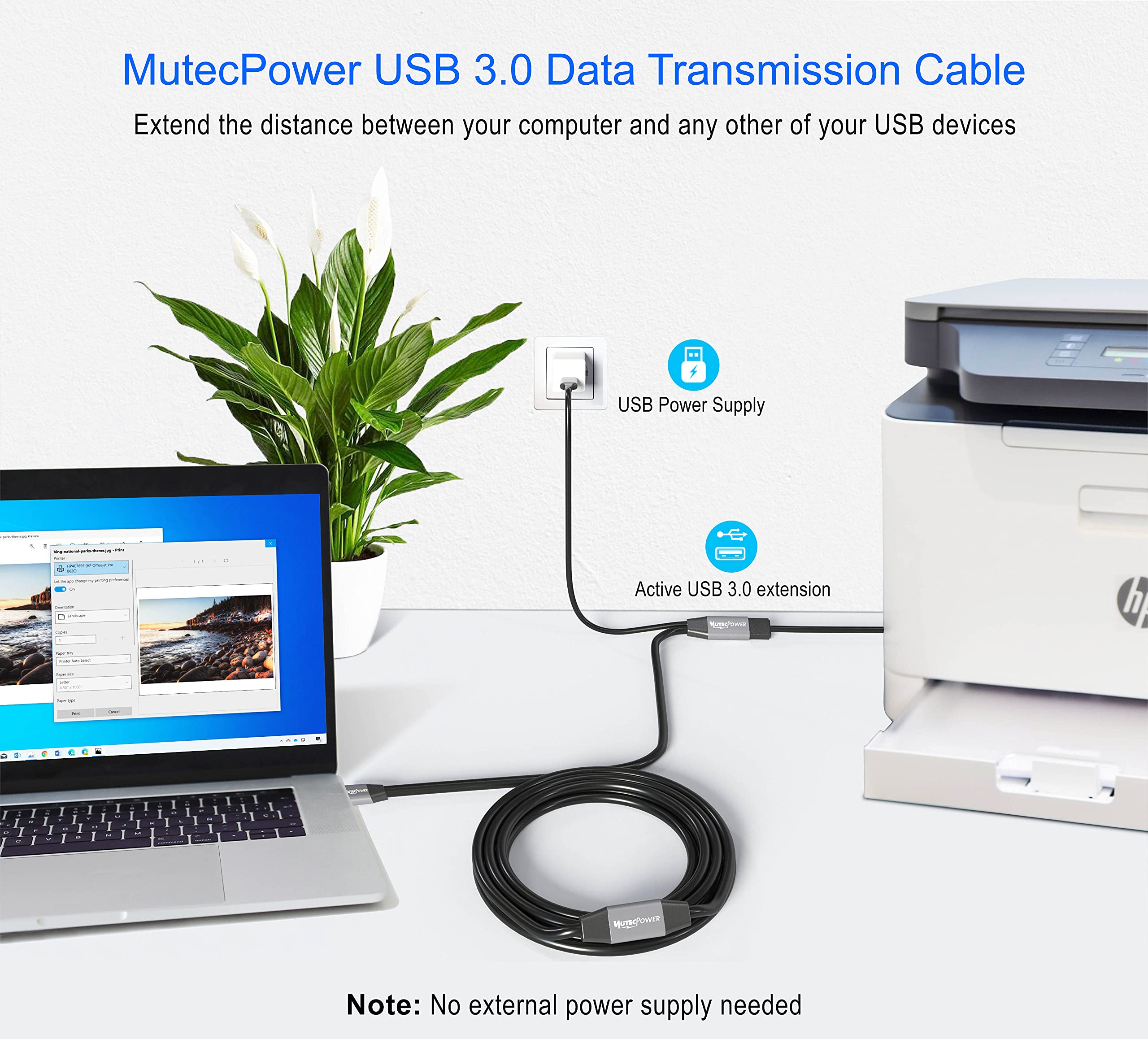 MutecPower 50 Feet Active USB 3.0 Male to Female Extension Cable USB A Repeater Extender Cord with 2 boosters & USB Power Supply - Black 15m – Compatible with Laptops, Hard Drives, Xbox, PS4, VR etc