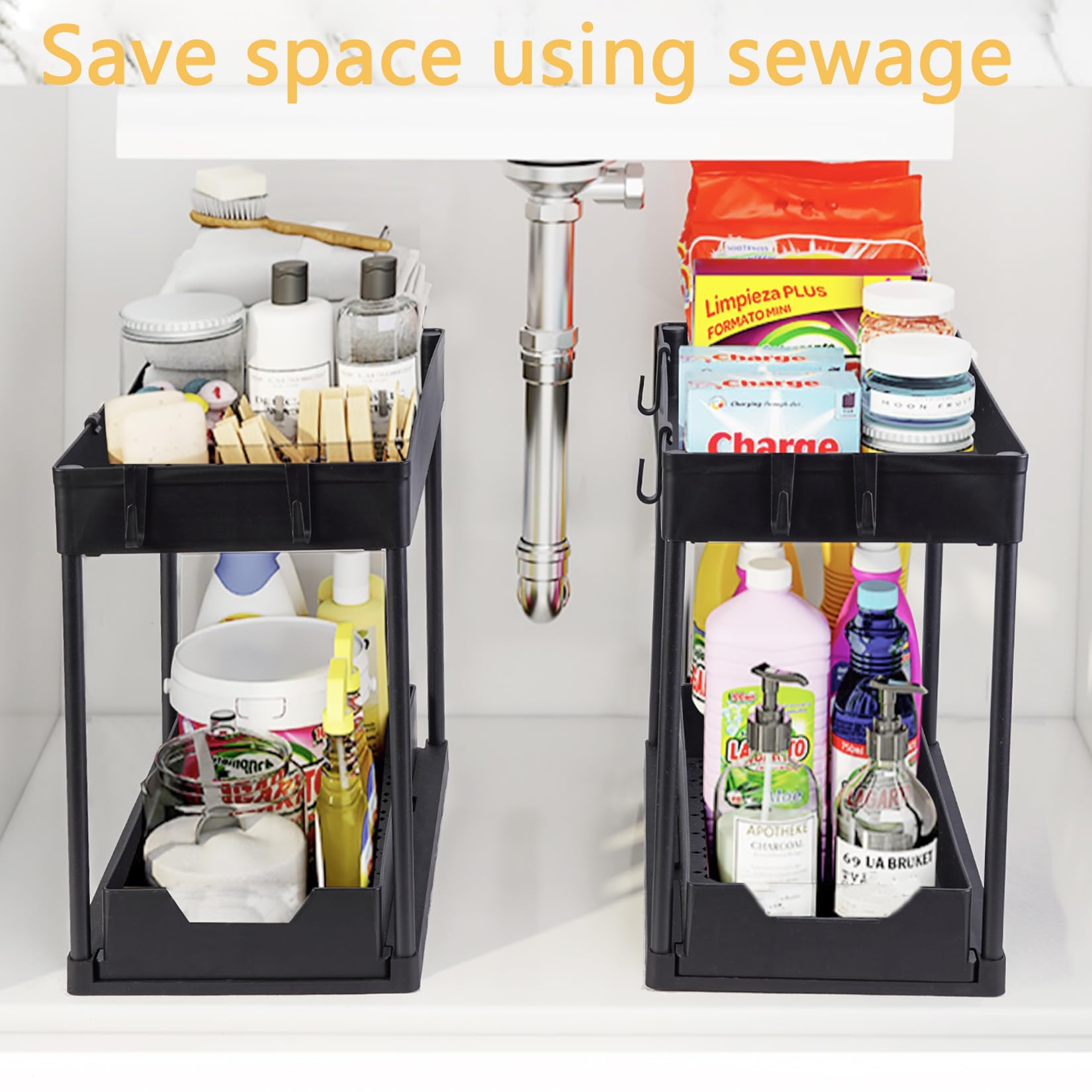 2 PCS Under Sink Organizer, 2-Tier Sliding Cabinet Basket Organizer Drawers, Under Sink Organizers and Storage Bathroom Kitchen Cabinet Organizer with Hooks The Bottom Drawers Can Be Slid Out
