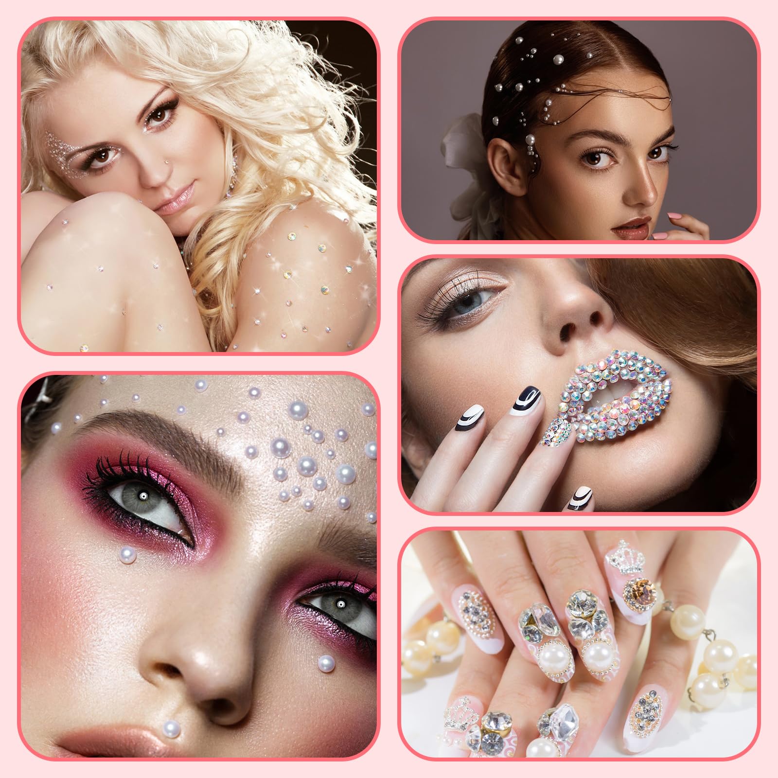 15 Sheets 3195 Pcs Self Adhesive Rhinestones Pearls, 6 Sizes Face Gems Jewels Pearl Stickers Stick On Hair Gems for Halloween Decoration Makeup Crafts
