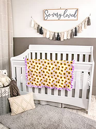 Top Tots Baby Blanket - Small Sunflowers with Purple Minky Dot & Satin Ruffle, 31 x 31 Inch Yellow