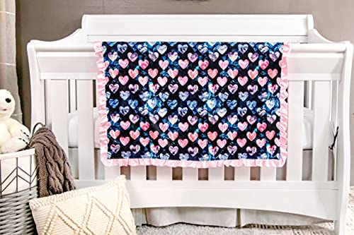 Top Tots Baby Blanket - Small Colored Hearts with Pink Minky Dot & Satin Ruffle, 31 x 31 Inch Blue