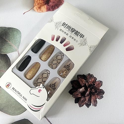24Pcs Medium Press on Nails, Artificial Acrylic Fake Nails with Golden Rhinestones Designs, Full Cover Reusable Coffin Black Grid False Nails, Glue on Nails for Women Set, Stick on Nails for Nail Art