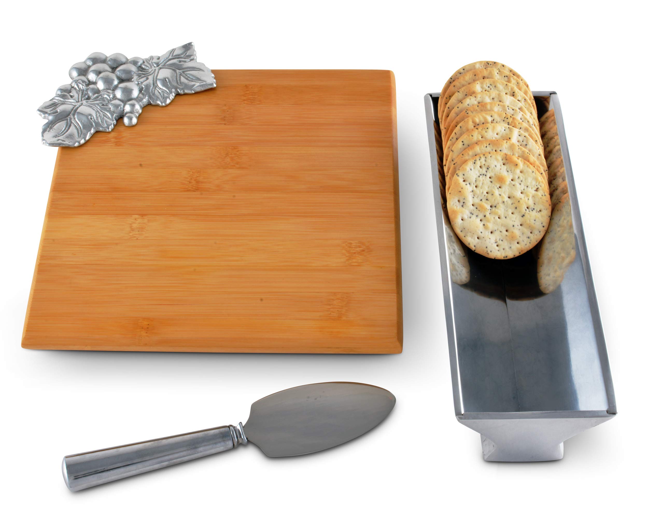 Arthur Court Designs Bamboo Cheese Board with Aluminum Grape Accent Cracker Tray and Spreader 8.5 inch x 8.5 inch board