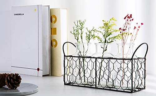 Diamond Star 3Pcs Clear Glass Milk Bottle Vases in Basket Caddy Vintage Style Jars Sets (3Pcs , 11"L X 3"W X 5.5"H)
