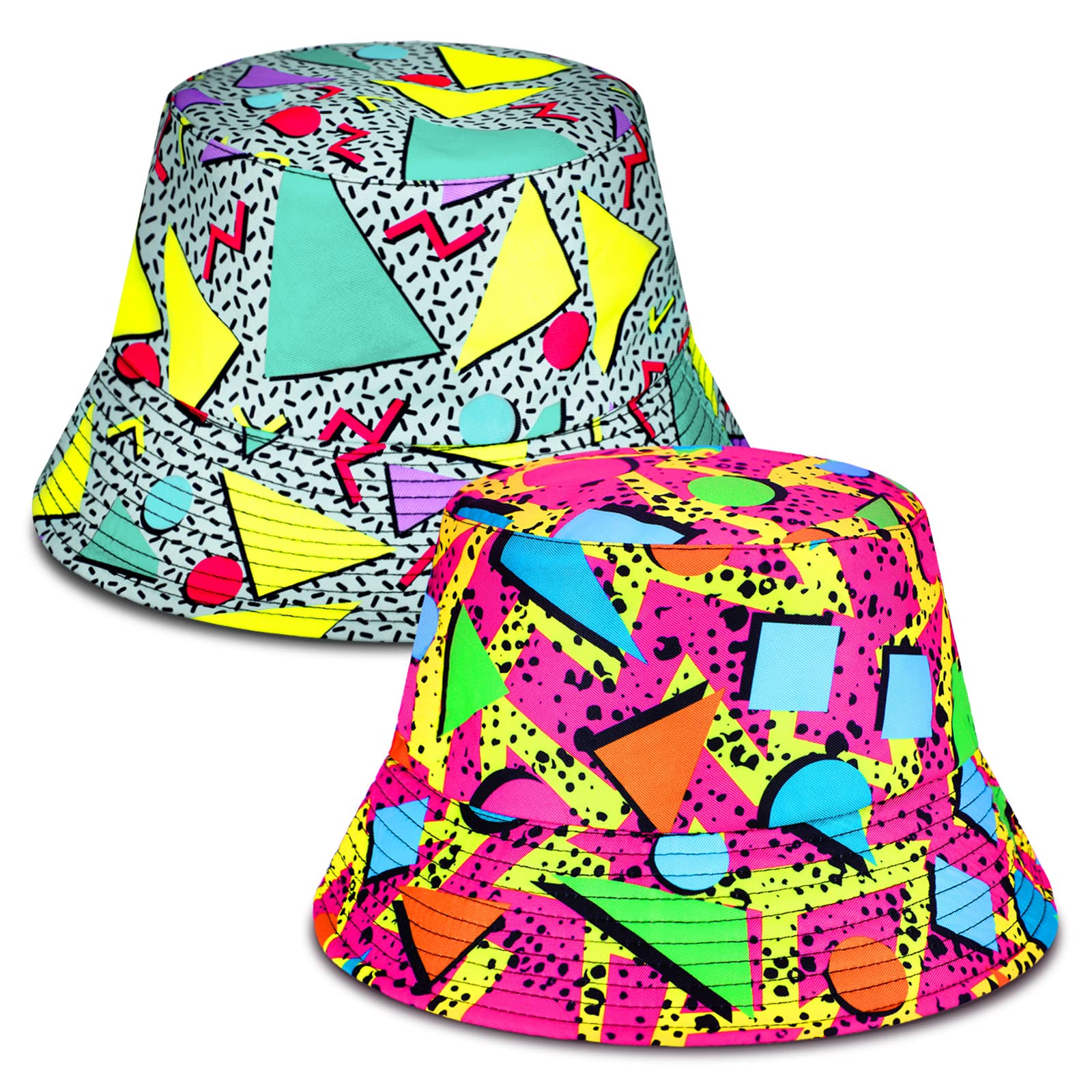 2 Pack Retro 80s 90s Bucket Hat for Women Men Vintage Print Fisherman Neon Nylon Hat Reversible Packable Travel Cap (Fresh Style)
