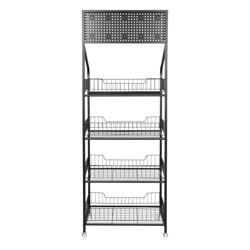 4-Tier Display Snack Rack,22.1lbs Load Metal Storage Shelf with Wheels & Hooks,10.2In Adjustable Tier Spacing Freestanding Snack Shelf Organizer for Pantry Kitchen Home Theater