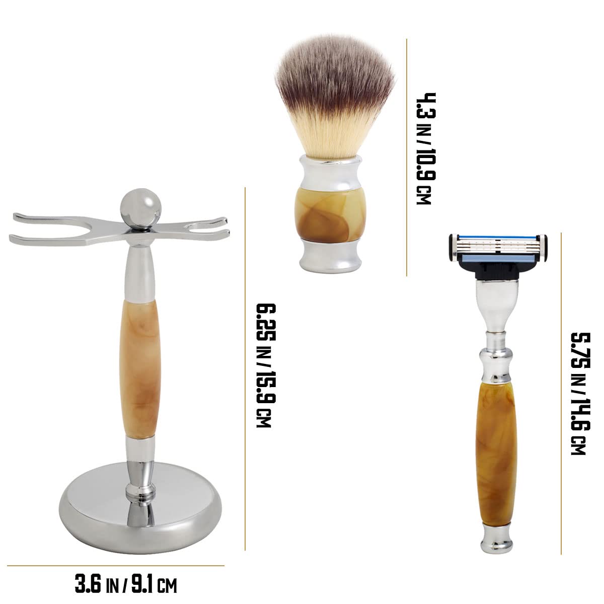 Union Razors SS1 Three Piece Shave Kit, Tiger Eye with Razor, Shaving Brush and Stand, Brown