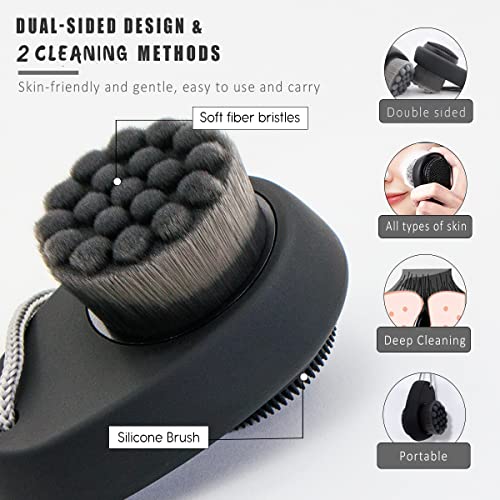 2 Pack Facial Cleansing Brushes, Face Brush with 2-in-1 for Deep Pore Cleansing and Exfoliation, Silicone Scrubber & Soft Bristle Sides (Black&Pink)