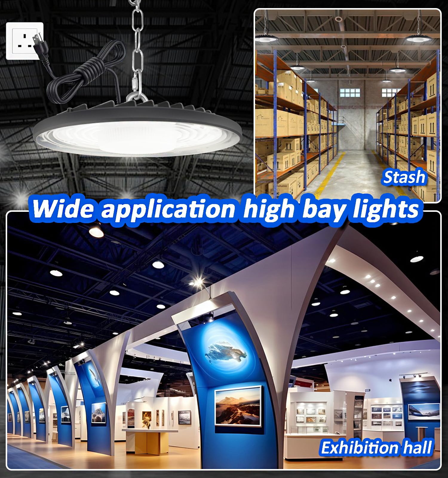 2 Pack LED High Bay Light 120W,5000K UFO Lighting with Steel Safety Rope, IP65 Waterproof Commercial LED Warehouse Lights for Shop Warehouse Factory etc. (with US Plug 5ft Cable)