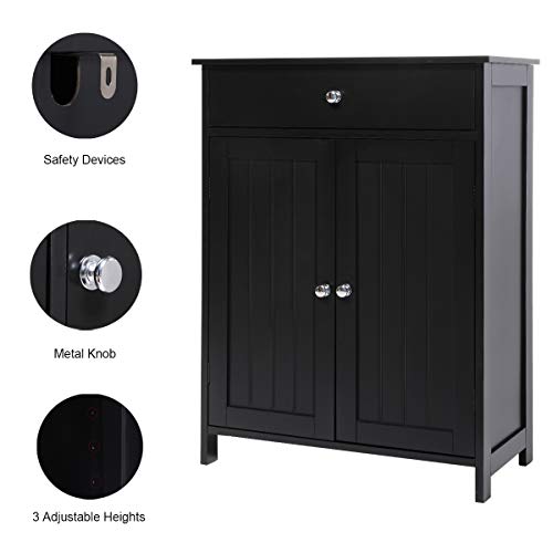 Iwell Bathroom Cabinet, Free Standing Bathroom Storage Cabinet with 1 Large Drawer & Adjustable Shelves, Wooden Entryway Storage Cabinet for Bathroom, Kitchen, Living Room, Black