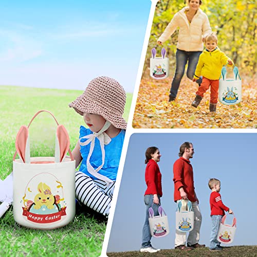 Asbtos 3 Pack Easter Basket, Bunny Baskets for Kids with Cute Rabbit Ears Stripe Storage Gifts Candies, Blue, Pink, Purple(9 x 9 x 14 inches)