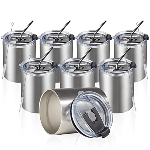 MEWAY 12oz/8Pack Coffee Mug With Lid, Insulated Stainless Steel Reusable Coffee Cup, Double Wall Durable Coffee Mug, Powder Coate，For Coffee, Beer, Home, Office(Silver,8 Pack)