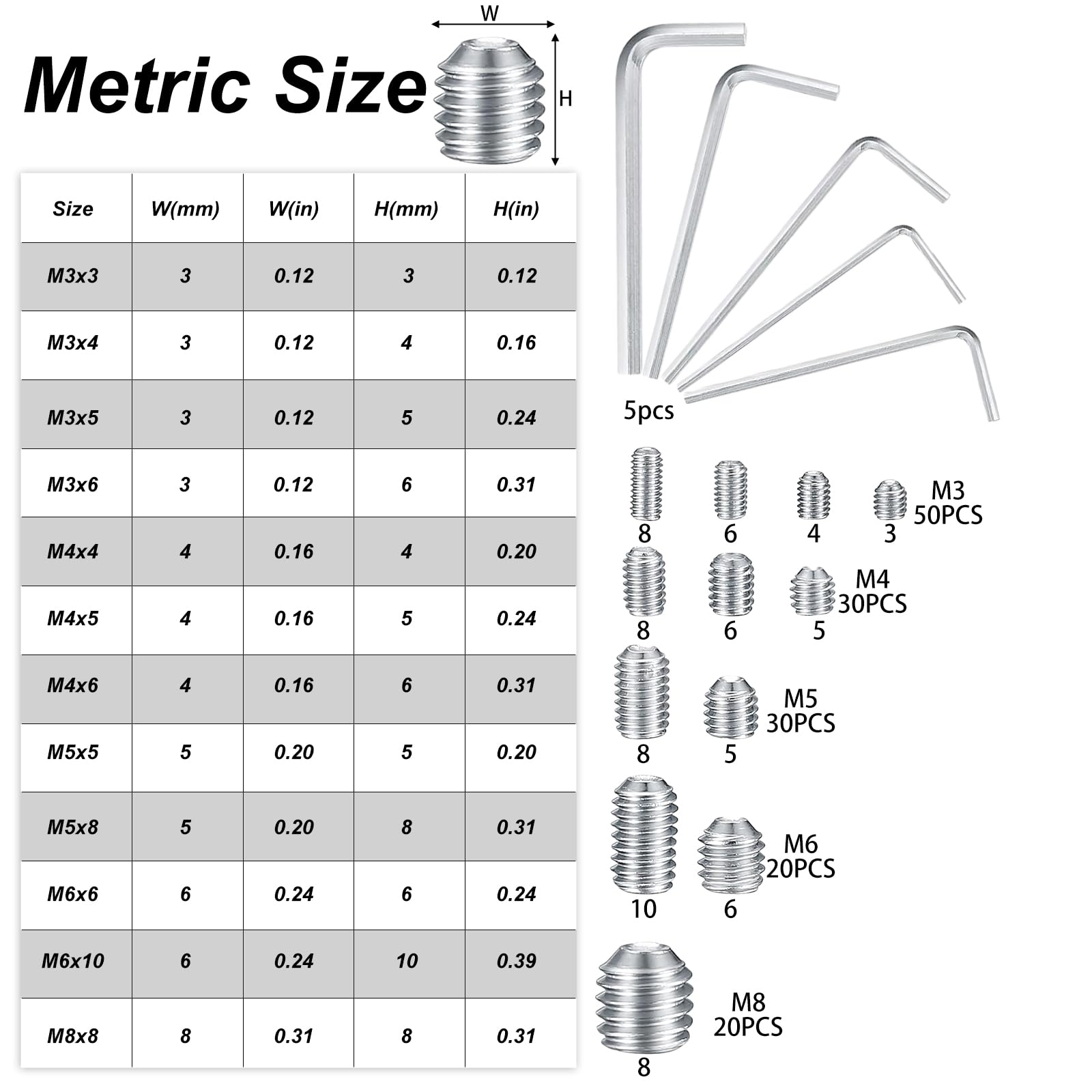 240 Pcs Allen Head Screws, M3/M4/M5/M6/M8 Hex Socket Head Screws, Grub Screw Set, Metric Stainless Steel Internal Hex Drive Cup-Point Screws Assortment Kit for Door Handles, Light Fixture Screws…