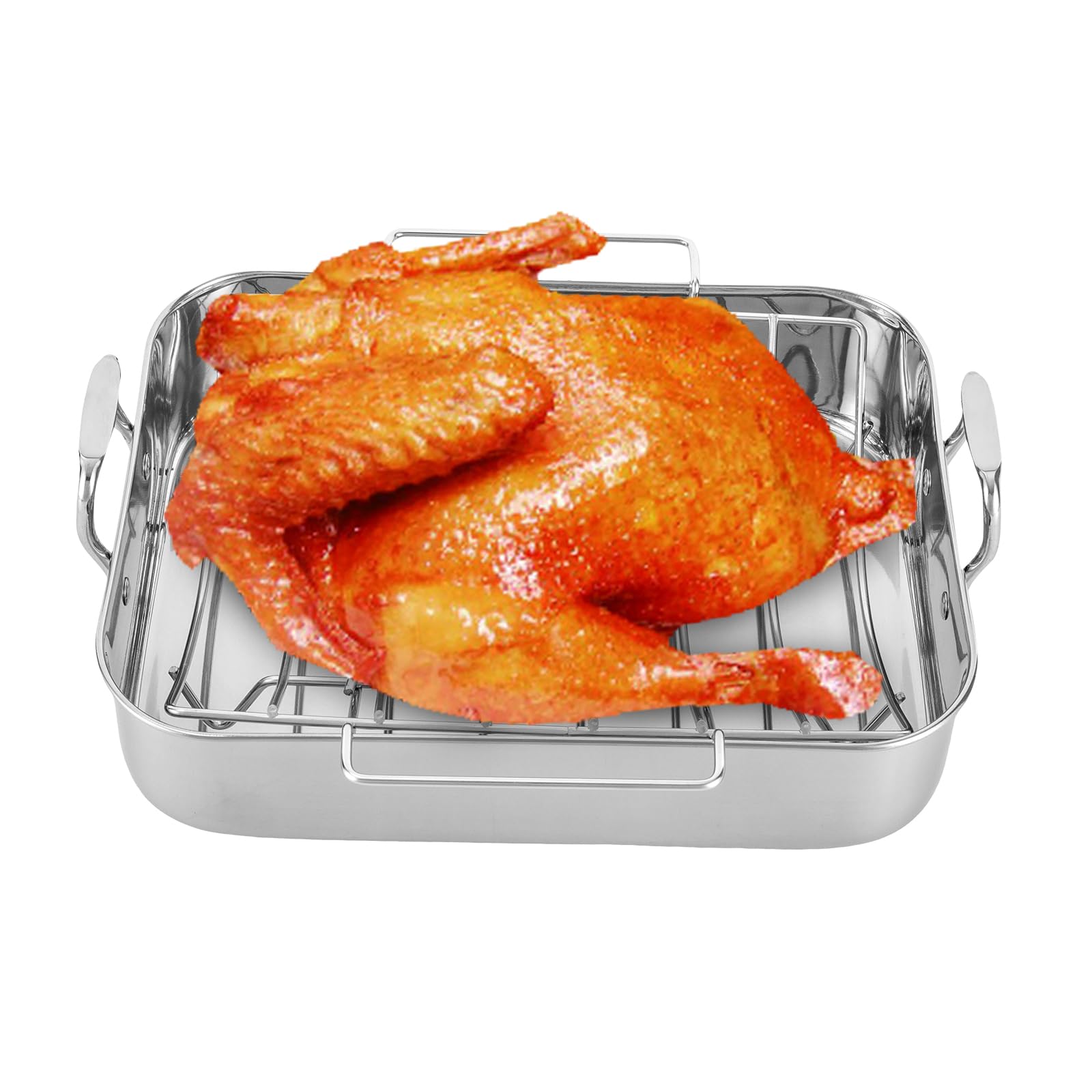 16.5 Inch Roasting Pan with Rack, Stainless Steel Rectangular Turkey Roaster Lasagna Pan for Roasting Turkey/Chicken/Meat & Vegetables, Induction Compatible Dishwasher Safe