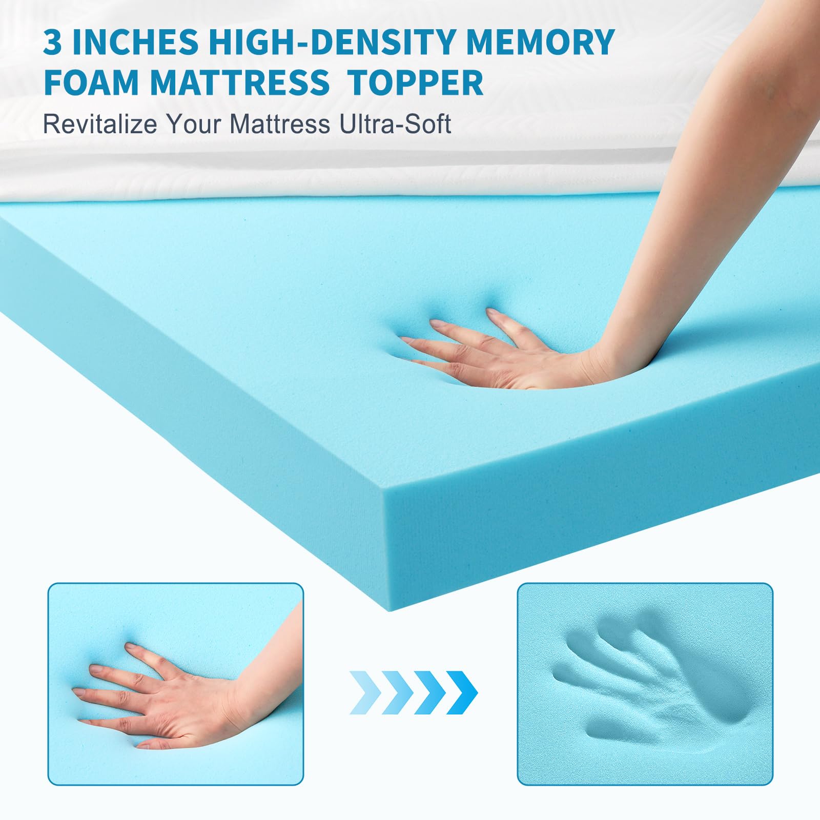 3 Inch Gel Memory Foam Mattress Topper Queen Size, High Density Memory Foam Mattress Pad Cover with 8-21" Deep Pocket for Pressure Relief, Pillow Top with Removable Viscose Made from Bamboo Cover