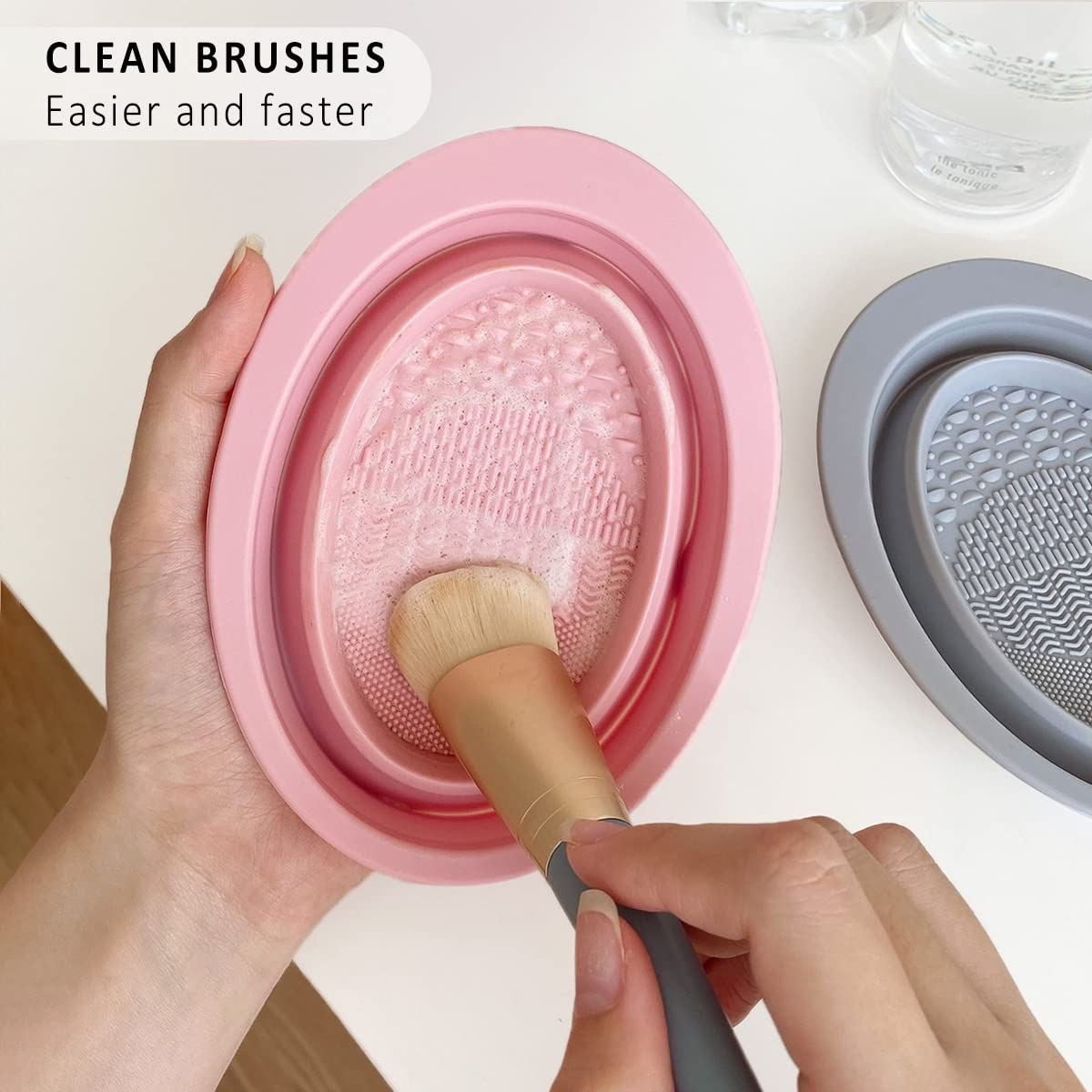 2 Pack Makeup Brushes Cleaner Mat - Silicon cleaning Pad & Bowl Scrubber Portable Washing Tool for Art Brushes Makeup Sponge Powder Puff (Gray & Pink)