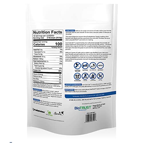 BioTrust Low Carb Lite, 20 Grams of Grass-Fed Whey Protein Isolate, 100 Calories, ProHydrolase Digestive Enzymes, Non-GMO, Free from Soy and Gluten, rBGH-Free (14 Servings) (Orange Cream)
