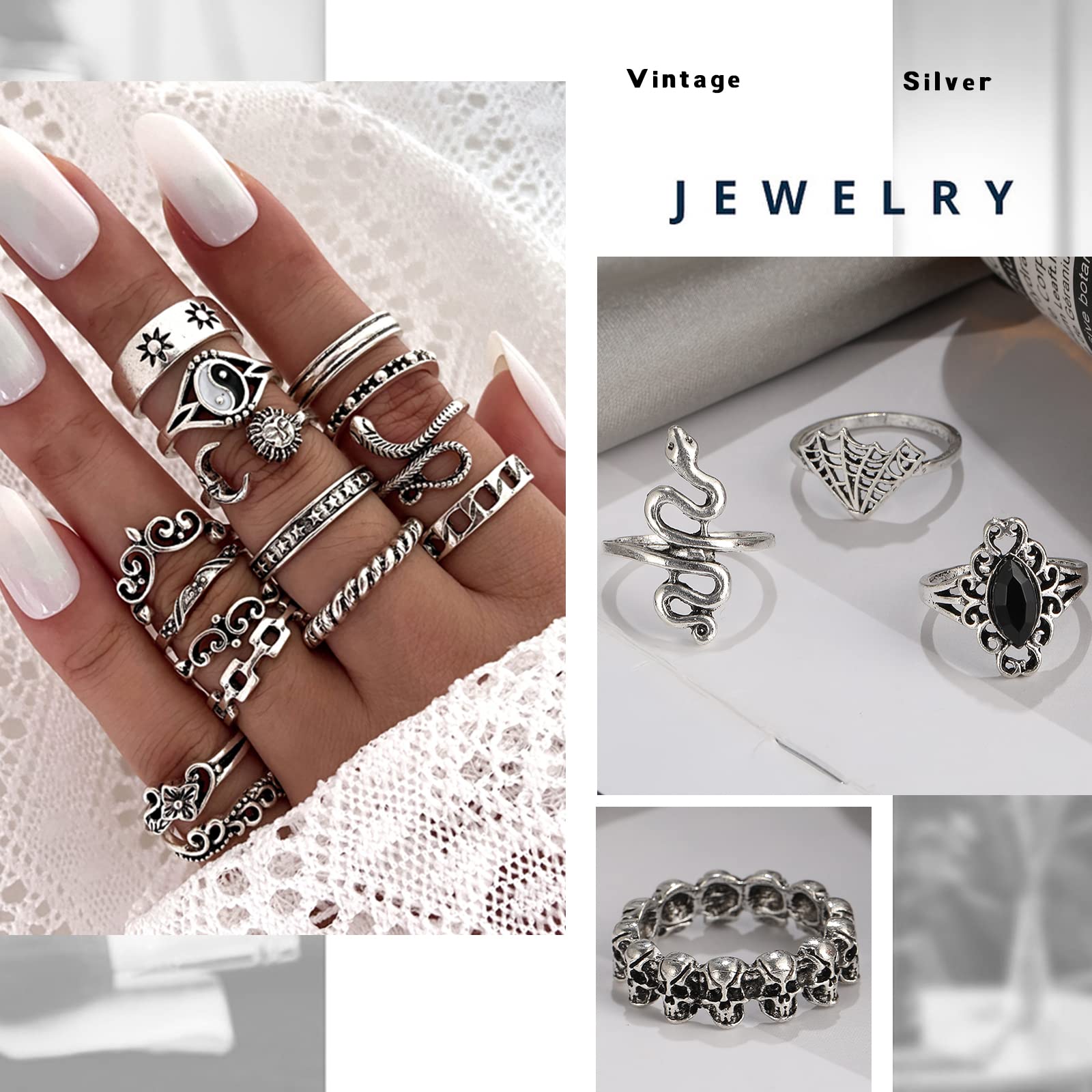 17 MILE Vintage Silver Rings Set for Women, Cool Gothic Ring, Stackable Joint Knuckle Rings, Retro Snake Chunky Punk Silver Rings Pack for Gift