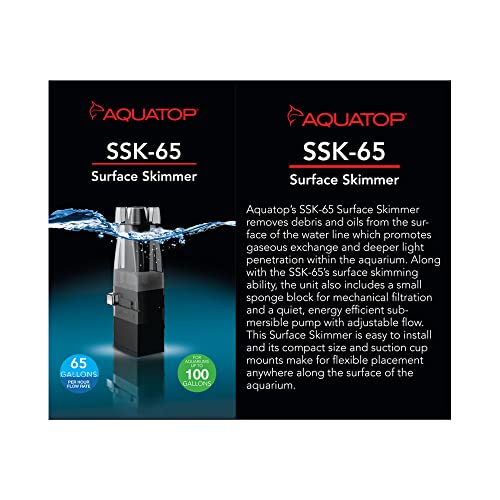 Aquatop 65 GPH Internal Surface Skimmer β for Tanks Up to 100 Gallons, Salt & Freshwater Tanks, Removes Film & Oil from Water Surface, Suction Cup Mounts for Versatile Placement, SSK-65