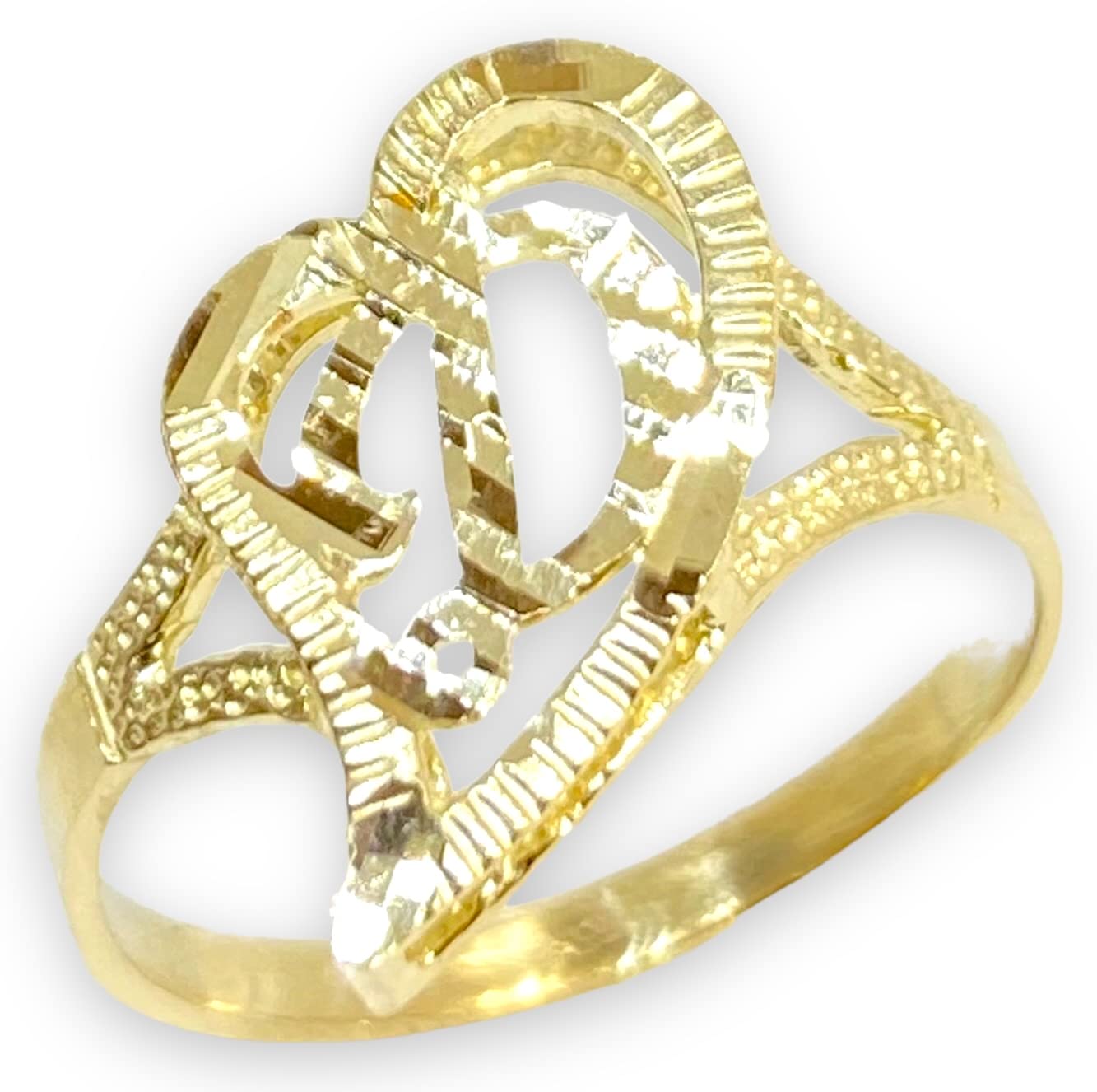 17 MM LONG LADIES SPARKLING DIAMOND-CUT HEART INITIAL CURSIVE ALPHABET LETTER RING REAL 10K YELLOW GOLD 4006 (D)