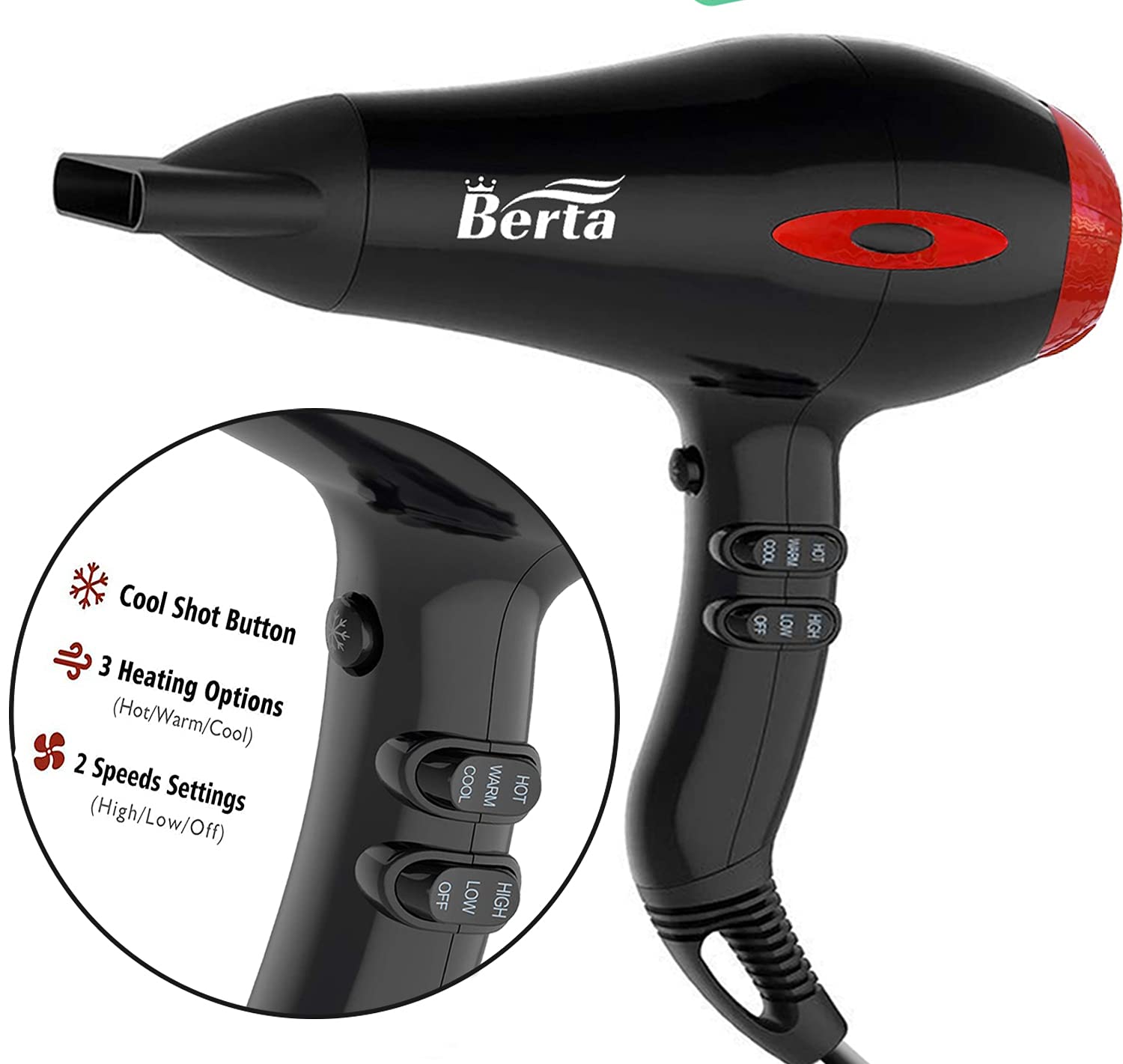 1875W Professional Salon Hair Dryer, Negative Ionic Berta Blow Dryer,AC Motor Powerful Hair Dryers with Concentrator ,2 Speed and 3 Heat Settings