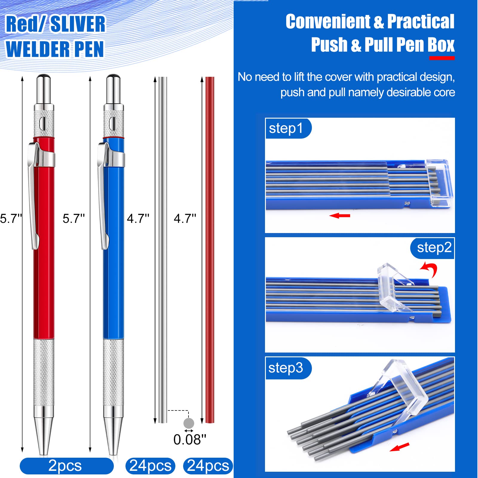 2 Pcs Welders Pencil with 48 PCS Round Refills Mechanical Pencils Metal Welding Marker for Tube Pipe Fitter Welder Steel Construction Woodworking (Red, Silver)