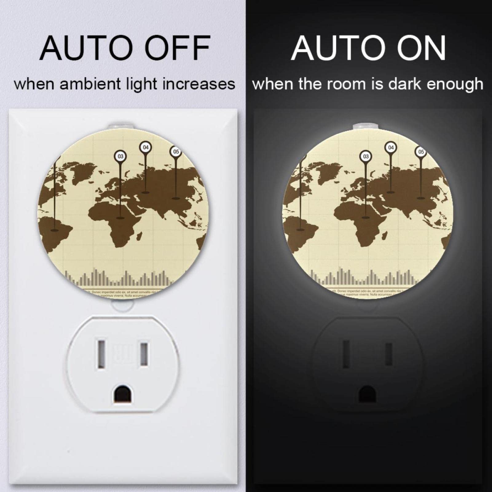 2 Pack Plug-in Nightlight LED Night Light with Dusk-to-Dawn Sensor for Kids Room, Nursery, Kitchen, Hallway Vintage Global Maps Infographic