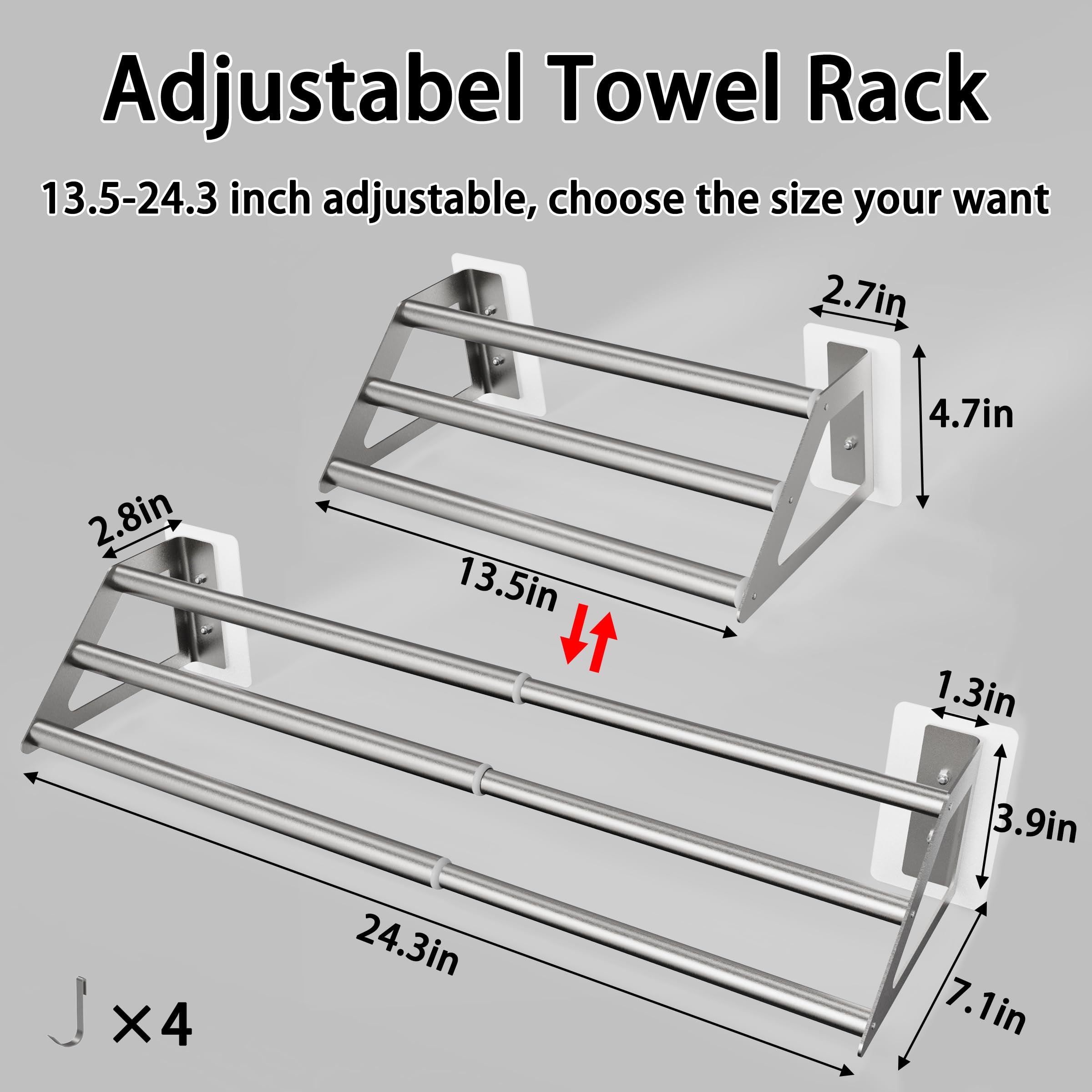 13.5-24 Inch Adjustable Towel Rack with Adhesive Wall Screws for Bathroom, Wall Mount Towel Bar Holder, Bath Towel Shelf Hanger with Movable Hooks, 3-Tiers Ladder Towel Rails, SUS 304 Stainless Steel
