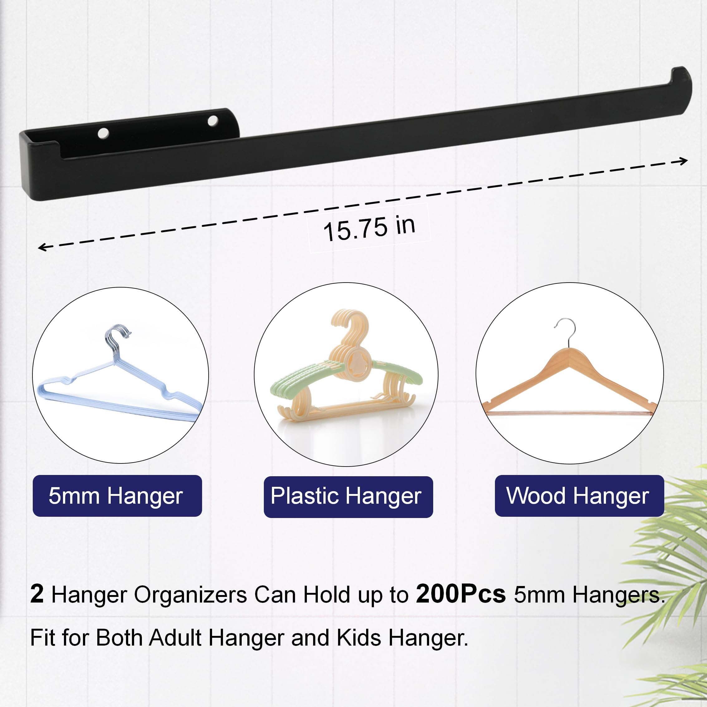 2 Pack Hanger Holder,Hanger Storage Rack for Wall,Hanger Stacker for Closet Laundry Room,Clothes Hanger Storage for Adult or Child Clothes Hangers,Black 15-Inch