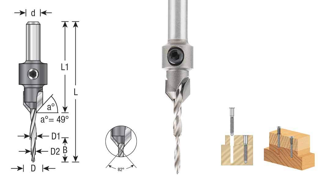 Amana Tool - (55122) Carbide Tipped 82° Countersink with Slow Spiral Stepped Drill, 6 & #8 Screws 25/64 Dia x 5/32 Drill Dia